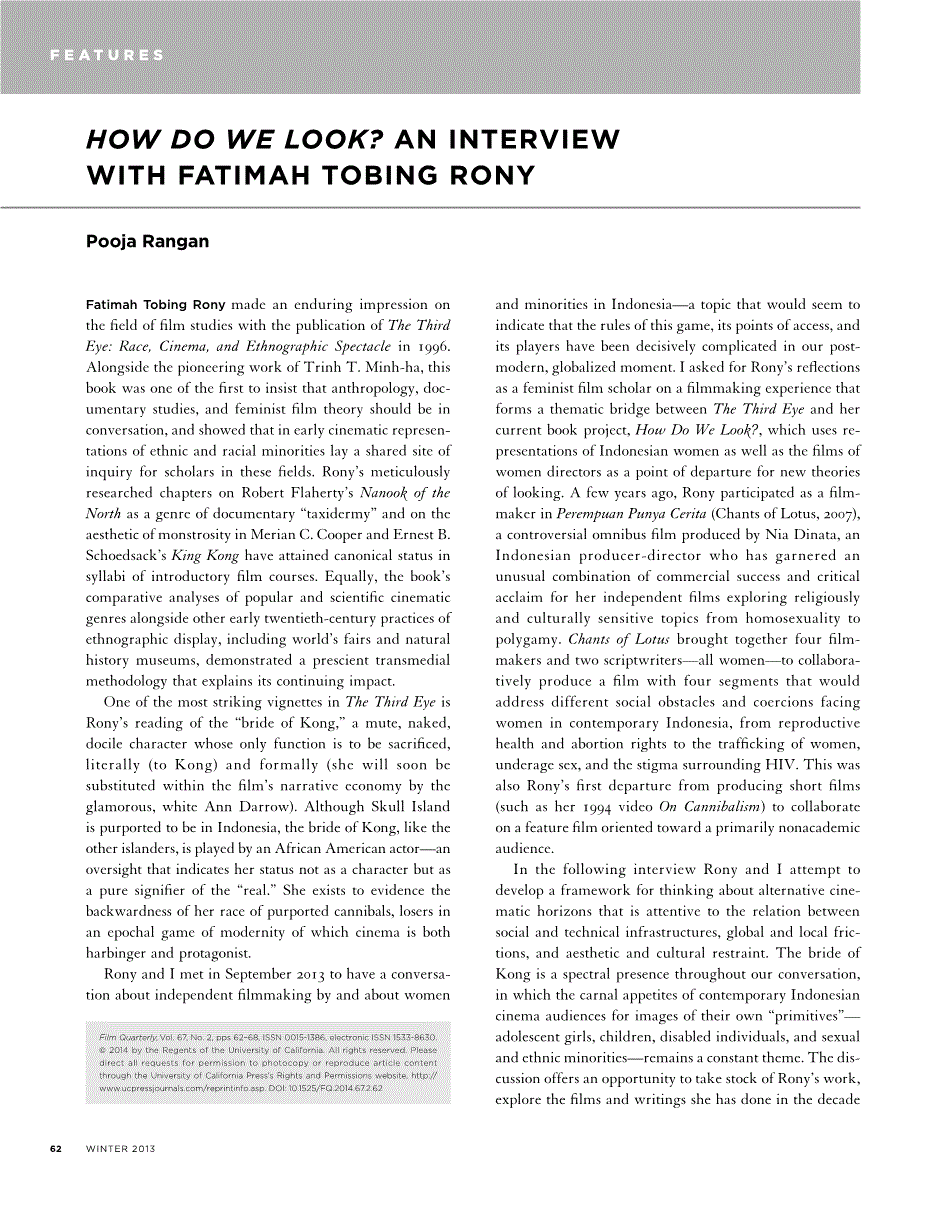 How Do We Look? An Interview with Fatimah Tobing Rony | Film Quarterly ...