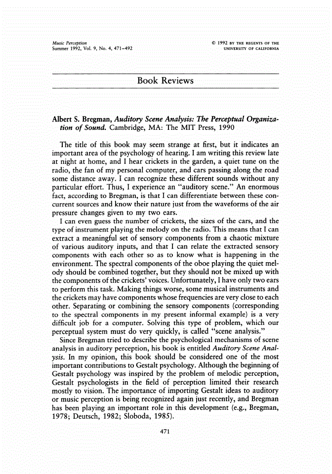 Review: Auditory Scene Analysis: The Perceptual Organization of Sound ...