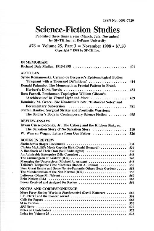 Volume 25 Issue Part 3 (76) | Science Fiction Studies | University of ...