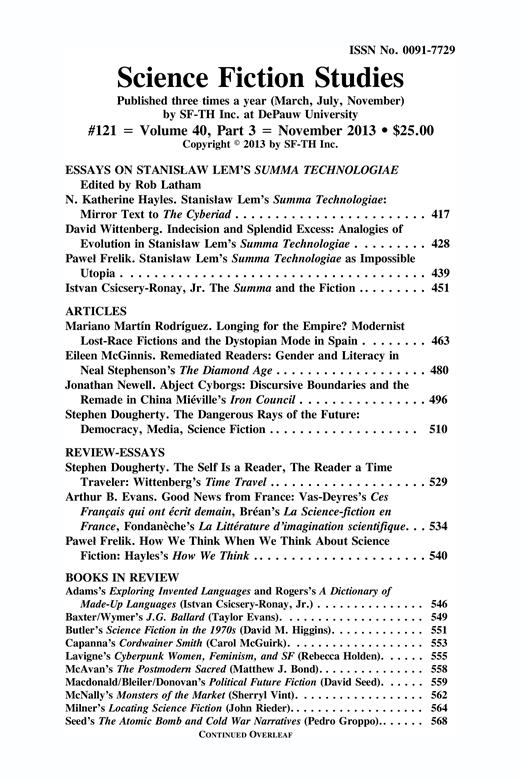 Volume 40 Issue Part 3 (121) | Science Fiction Studies | University of ...