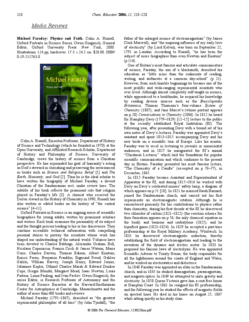 Michael Faraday: Physics and Faith, by Colin A. Russell | The Chemical ...