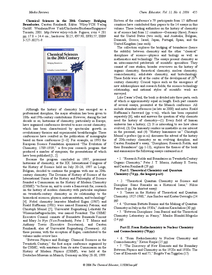 Chemical Sciences in the 20th Century: Bridging Boundaries, by Carsten ...