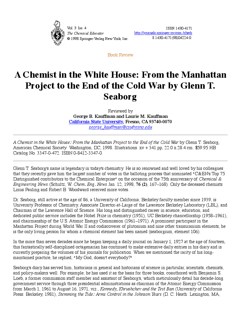 A Chemist in the White House | The Chemical Educator | University of California Press