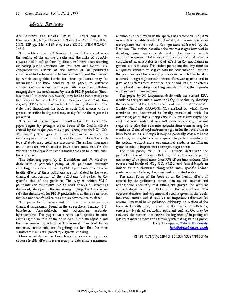 Air Pollution and Health, edited by R. E. Hester and R. M. Harrison ...