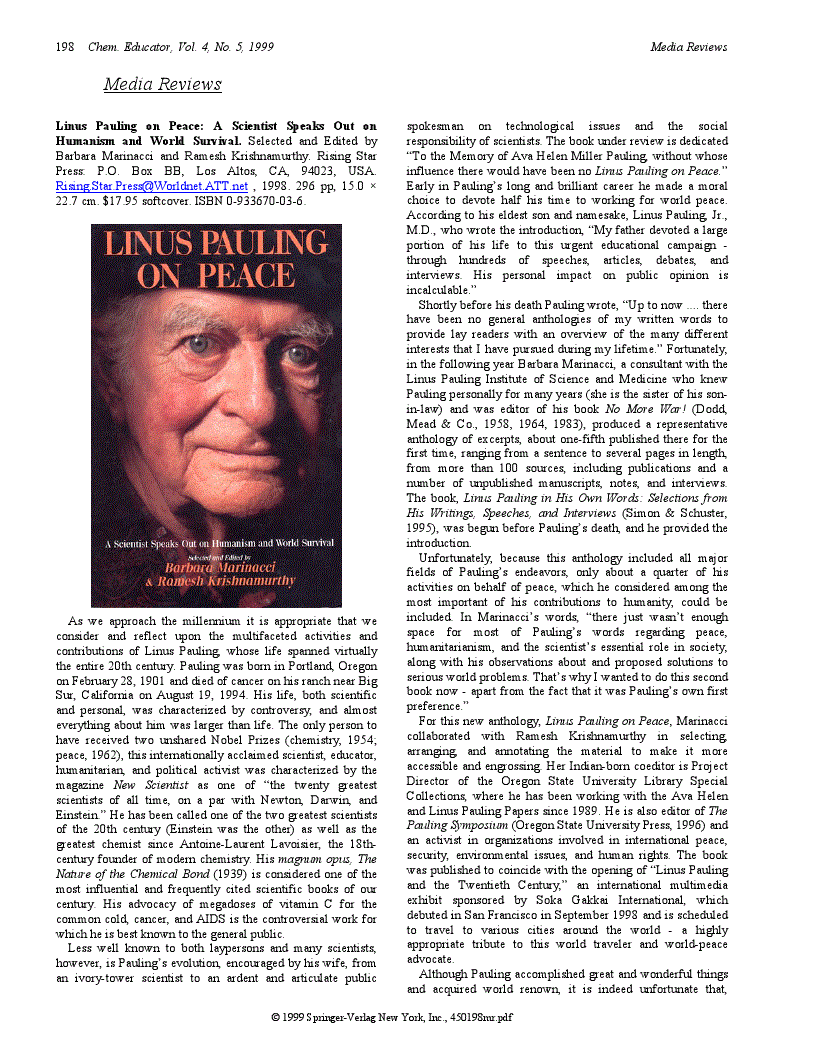 Linus Pauling on Peace | The Chemical Educator | University of California Press