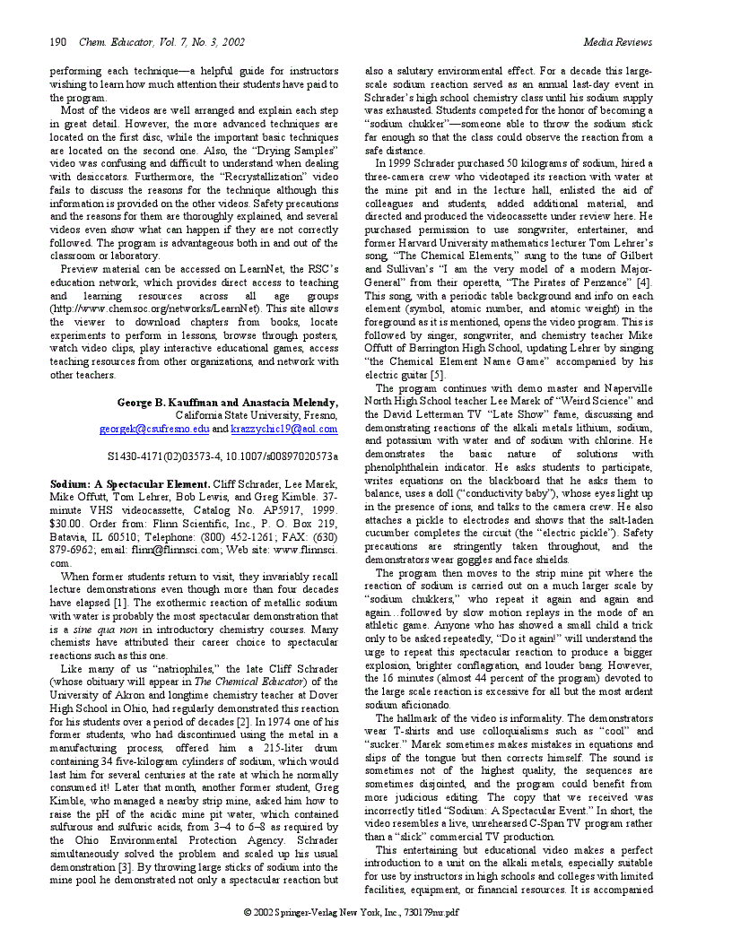 Sodium: A Spectacular Element, by Cliff Schrader, Lee Marek, Mike ...