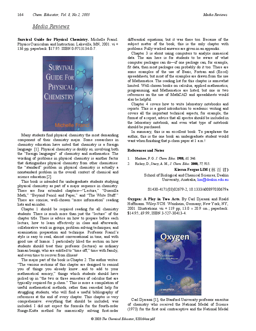 Survival Guide for Physical Chemistry, by Michelle Francl | The Chemical Educator | University ...