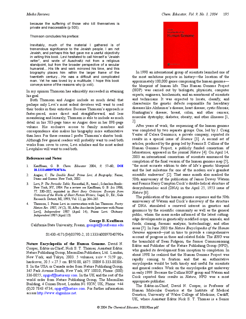 Nature Encyclopedia of the Human Genome, by David N. Cooper, Editor-in ...