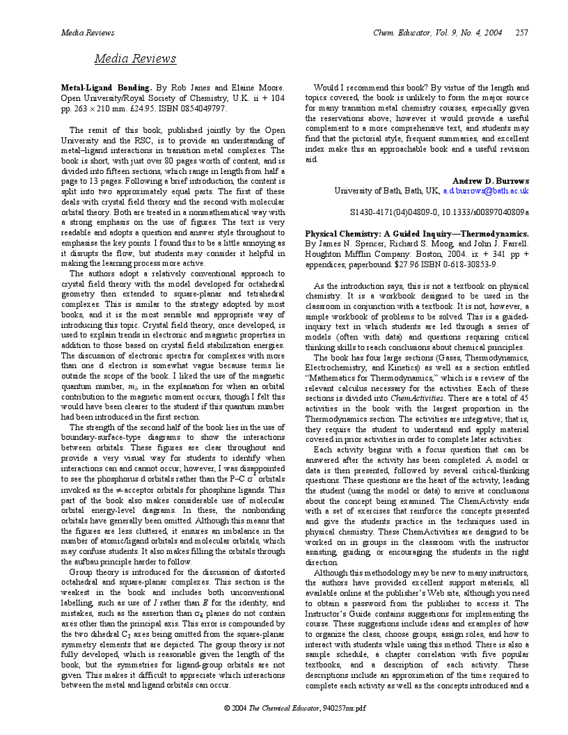 Physical Chemistry: A Guided Inquiry–Thermodynamics, By James N ...